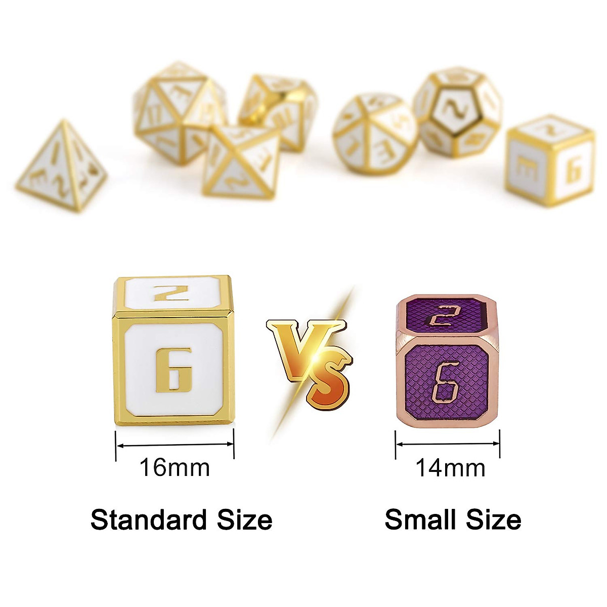 ALLCOLORED 16mm DND Metal Dice Set White Gold 7 Pieces Polyhedral Dice D&D with Metal Case and Velvet Bag for Playing Tabletop Roleplay Games Dungeons and Dragons
