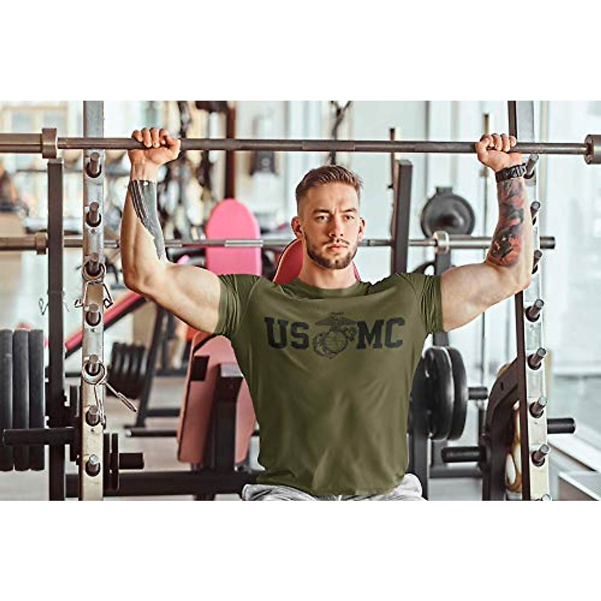 Lucky Ride Marine Corps Bull Dog Front & Back USMC Mens Military T-Shirt,Military Green,2XL