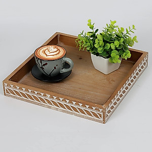 Thewense 12"x12" Farmhouse Decorative Ottoman Coffee Table Accent Tray，Perfect for Storage and Display, Small Square Wood Serving Tray for Office, Kitchen, Dining Room (Square Brown)