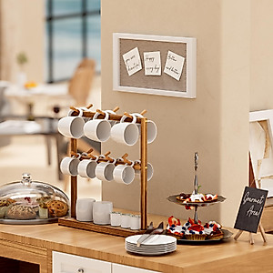 Puricon Mug Holder Coffee Cup Shelf for Counter, 2 Tier Wood Mug Tree Stand Organizer with 14 Sturdy Hooks and Storage Base, Double Sides Tea Cups Display Rack for Large and Small Mugs -Oak