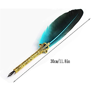 Feather Quill Pen Kit Including 1 Handmade Quill Feather Dip Pen 5 Replacement Nibs 1 Pen Nib Base Ink Pen Holder 1 Ink Bottle in Gift Box for Calligraphy Hand Writing (Blue)