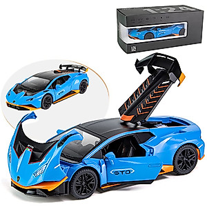 1:24 Alloy Diecast Car Model for Lamborghini Huracan STO 2021 Toy Car, Pull Back Vehicles Model Cars Toy for Kids 3 to 12 Years Old Gift Adult Collection Car Model with Light & Sound (Vibrant Blue)