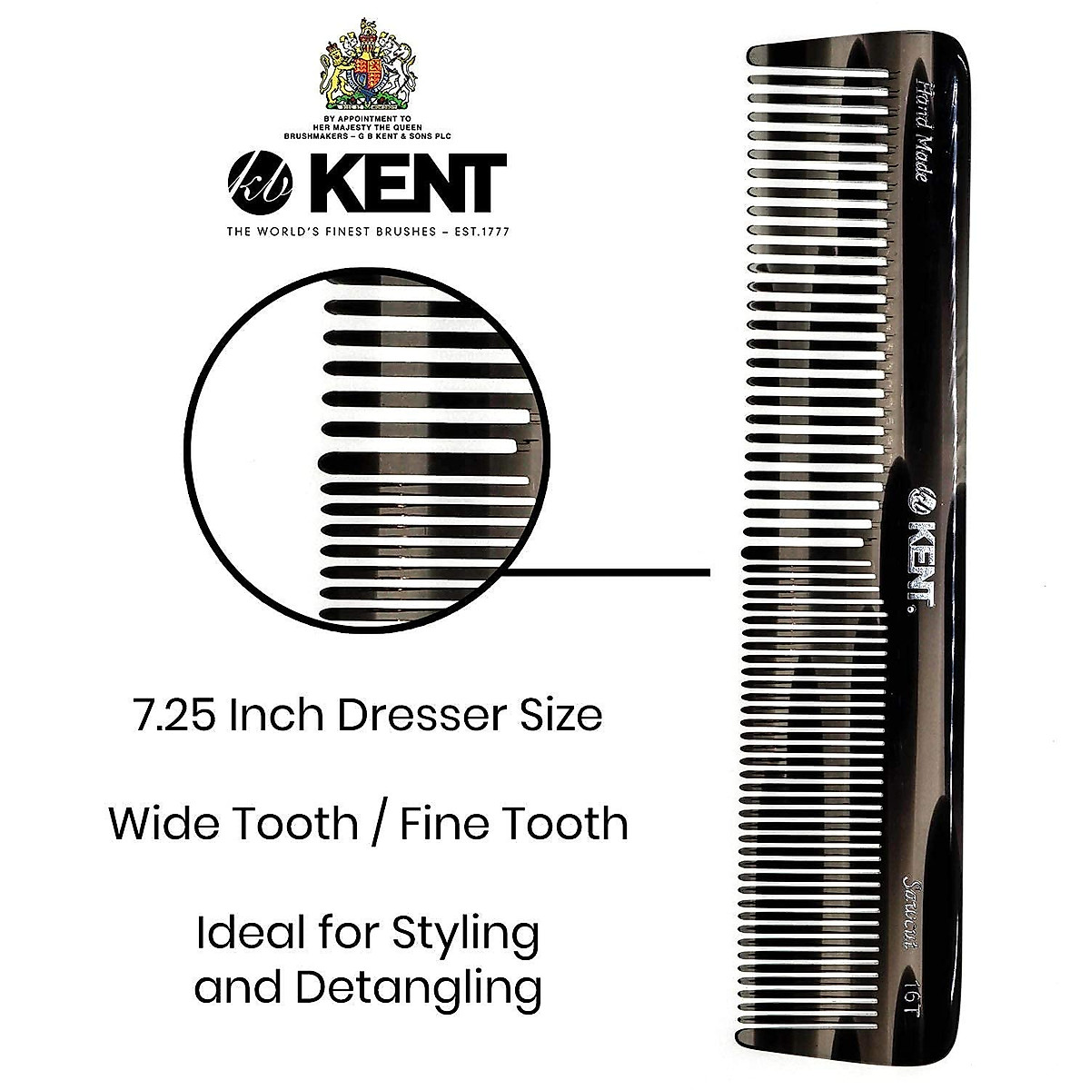 Kent 16T Fine Tooth Comb and Wide Tooth Comb for Hair, Kent Beard Comb and Mustache Comb for Hair Styling, Travel Comb Grooming for Men and Women