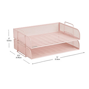 Mind Reader Stackable Paper Tray, 2 Pcs., Desktop Organizer, File Storage, Office, Metal Mesh, 14" L x 9.75" W x 6" H, Pink