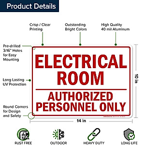Electrical Room Authorized Personnel Only Sign, 10x14 Inches, Rust Free .040 Aluminum, Fade Resistant, Made in USA by My Sign Center