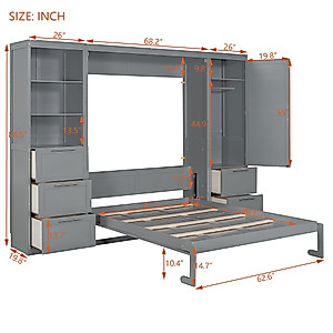 Modern Queen Size Murphy Bed with Closet, Drawers and Shelves, Cabinet Bed Folding Wall Bed for Guest Room, Office (Gray@1)