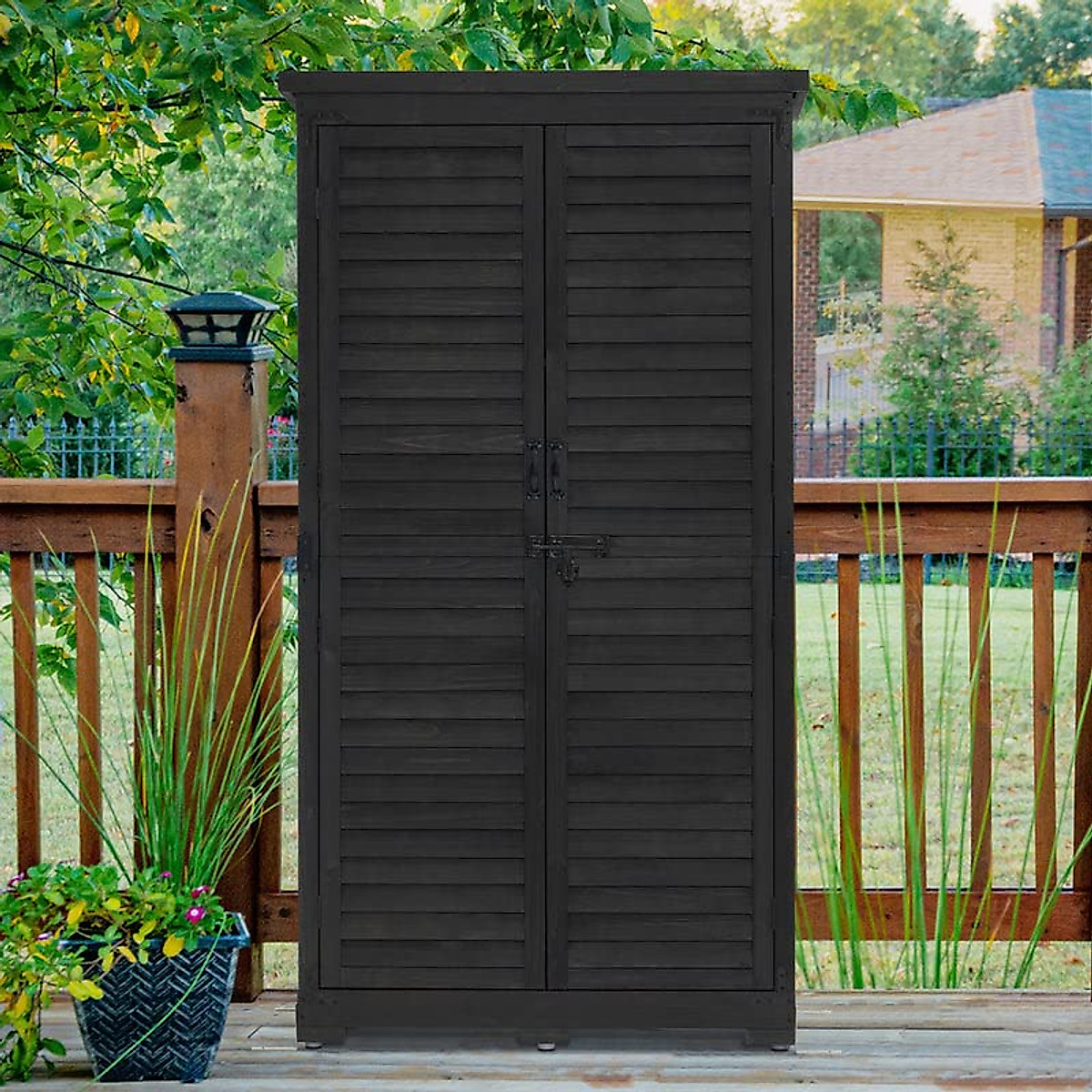 MCombo Outdoor Storage Cabinet, Garden Storage Shed, Outside Vertical Shed with Lockers, Outdoor 63 Inches Wood Tall Shed for Yard and Patio 0870 (Black)
