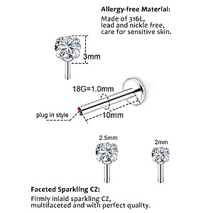 Xwnskvvz 18G Threadless Push in Nose Rings Studs Medusa Piercing Jewelry Stainless Steel Labret Jewelry Monroe Lip Rings Studs 2/2.5/3MM Crystal Top Tragus Forward Helix Cartilage Earring 10mm