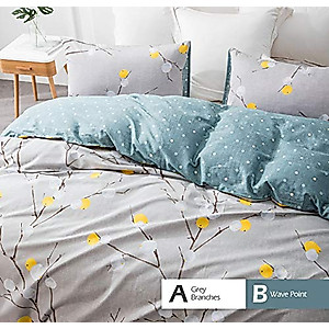 SLEEPBELLA Duvet Cover King, 600 Thread Count Cotton Grey Branch with Yellow Turquoise Polka Dot Pattern Green Reversible Comforter Cover(King, Grey Branches)