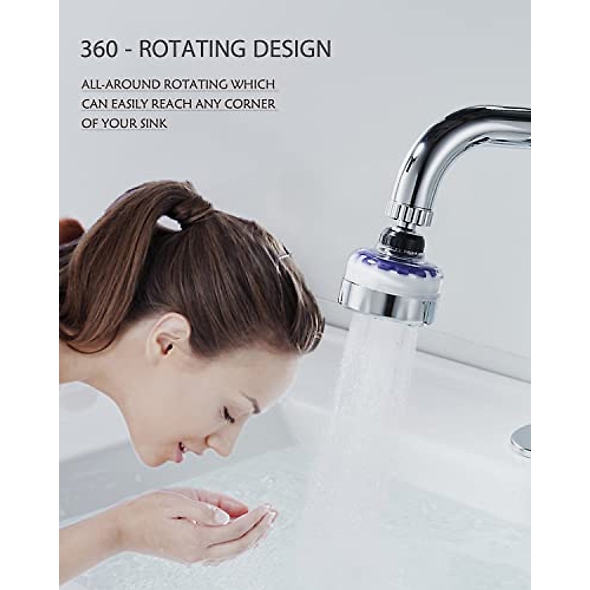 Sink Water Filter, 360° Rotating Bathroom Sink Filter, Kitchen Bathroom Universal Sink Water Filter Faucet-Removes Chlorine Fluoride Heavy Metals