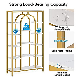 Tribesigns 5-Tier Bookshelf, Modern Tall Bookcase Book Shelf Organizer Freestanding Open Display Shelves for Bedroom Living Room Home Office, 70.8" H x 39.4" L, White/Gold