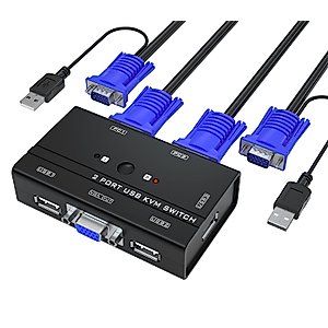 Yinker VGA KVM Switch, 2 Port USB VGA KVM Switch w/2 KVM Cables & 3 USB Hubs for 2 Computers Share One Monitor Keyboard Mouse