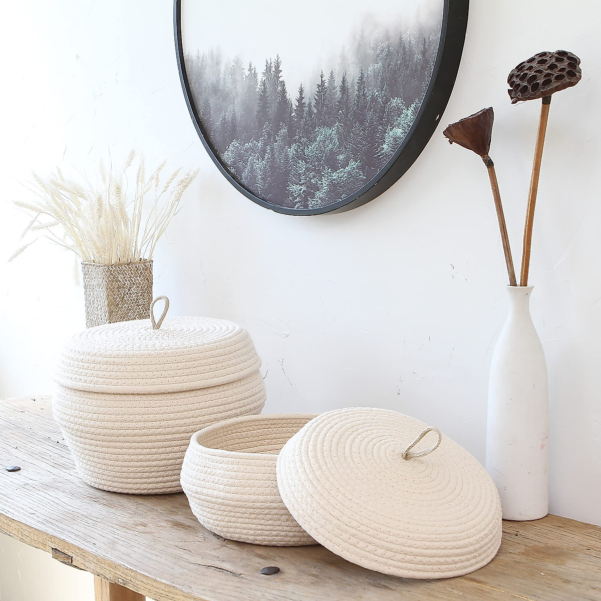 Sea Team Round Cotton Rope Storage Basket with Lid, Decorative Woven Storage Bin, Pot, Caddy, Organizer, Container for Snacks, Towels, Plants, 13 x 9 Inches (Large, Cream)