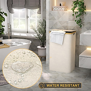 Homykic Laundry Hamper with Lid, 100L Tall Laundry Basket Collapsible with Bamboo Handles, Large Waterproof Laundry Bin Storage for Dorm, Bathroom, Bedroom, Clothing, Clothes, Toys, Cream White