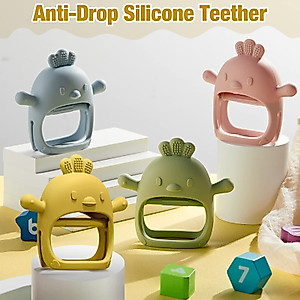 4 Packs Baby Teething Toy Silicone Teething Toys for Babies 0-6 Months Anti Dropping Wrist Hand Teethers Mitten Chick Baby Chew for Sucking Needs