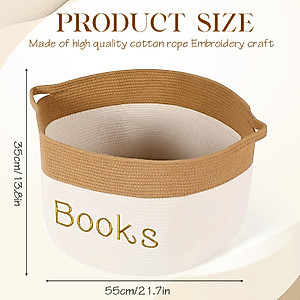Dandat Cotton Rope Book Storage Basket Embroidered Book Bin 21.7 x 21.7 x 13.8 Inch Large Book Basket with Handles Book Tote Organizer for Nursery, Playroom, Living Room, Classroom