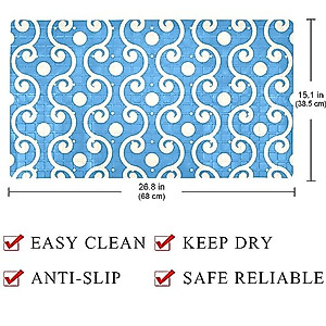 Bath Tub Shower Mat - Anti-Slip PVC Material 15.1x26.8 in, Gentle Cushioning Quick Drying Suction Cups Reliable Solution - Blue Traditional Texture Pattern Non-Slip Floor Mat