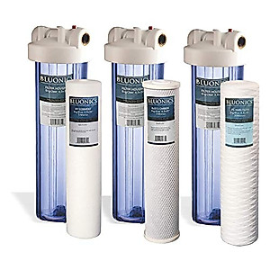 Bluonics Triple Whole House Water Filter for City & Well Water 3 Stage Home Water Filtration System with 4.5" x 20" Sediment and Carbon Filters. 1 Inch Inlet Outlet Connections