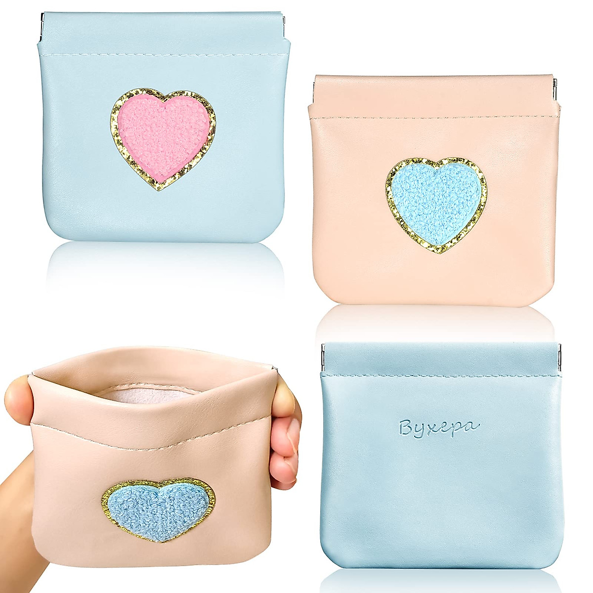 BYXEPA Coin Purse 2 Pack Change Purses Small PU Leather Cosmetic Bag Pocket Heart Makeup Organizer Cute Portable Waterproof Jewelry Travel Case for Women (Pink + Blue)