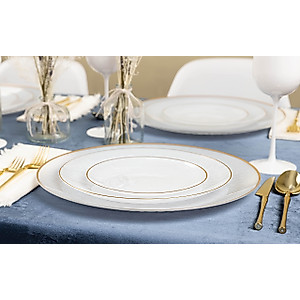 PLASTICPRO 30 Pack Hammered Plastic Plates Heavyweight Disposable Plastic Plates Elegant Transparent White With Gold Rim Platsic Party Dishes (Transparent White With Gold Rim, 9'' INCH PLATES)