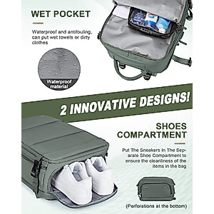 UPPACK Travel Backpack For Women Men Carry On Backpack Flight Approved Gym Bag With Shoe Compartment Hiking Waterproof Laptop Backpack College Essentials Olive Green