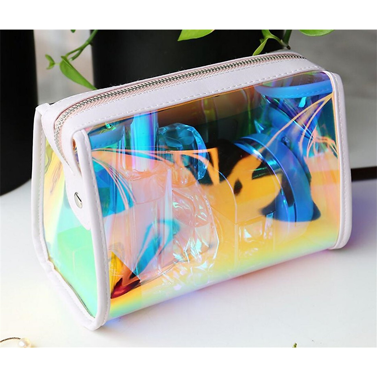 Susanki Holographic Transparent Makeup Case Clear Cosmetic Bag Organizer for Women