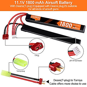 Crazepony Airsoft Battery 11.1V Rechargeable 3S LiPo 1800mAh 30C Nunchuck Split Pack Battery with Deans T Plug to Mini Tamiya Cable for Airsoft Model Guns Rifle