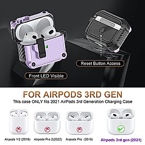 [5 in 1] Case for Airpods 3rd Gen with Lock, Carbon Fiber Secure Lock Clip PC+TPU Shockproof Protective Air Pods 3 Case Cover for Women for Airpods 3rd Generation with Fashion Candy Keychain (Purple)