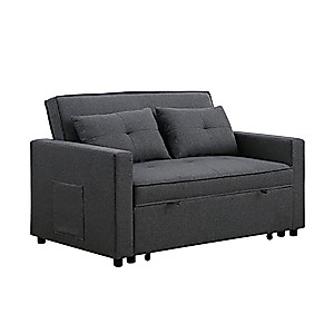 BOWERY HILL Dark Gray Linen Fabric 3-in-1 Convertible Sleeper Loveseat with Side Pocket