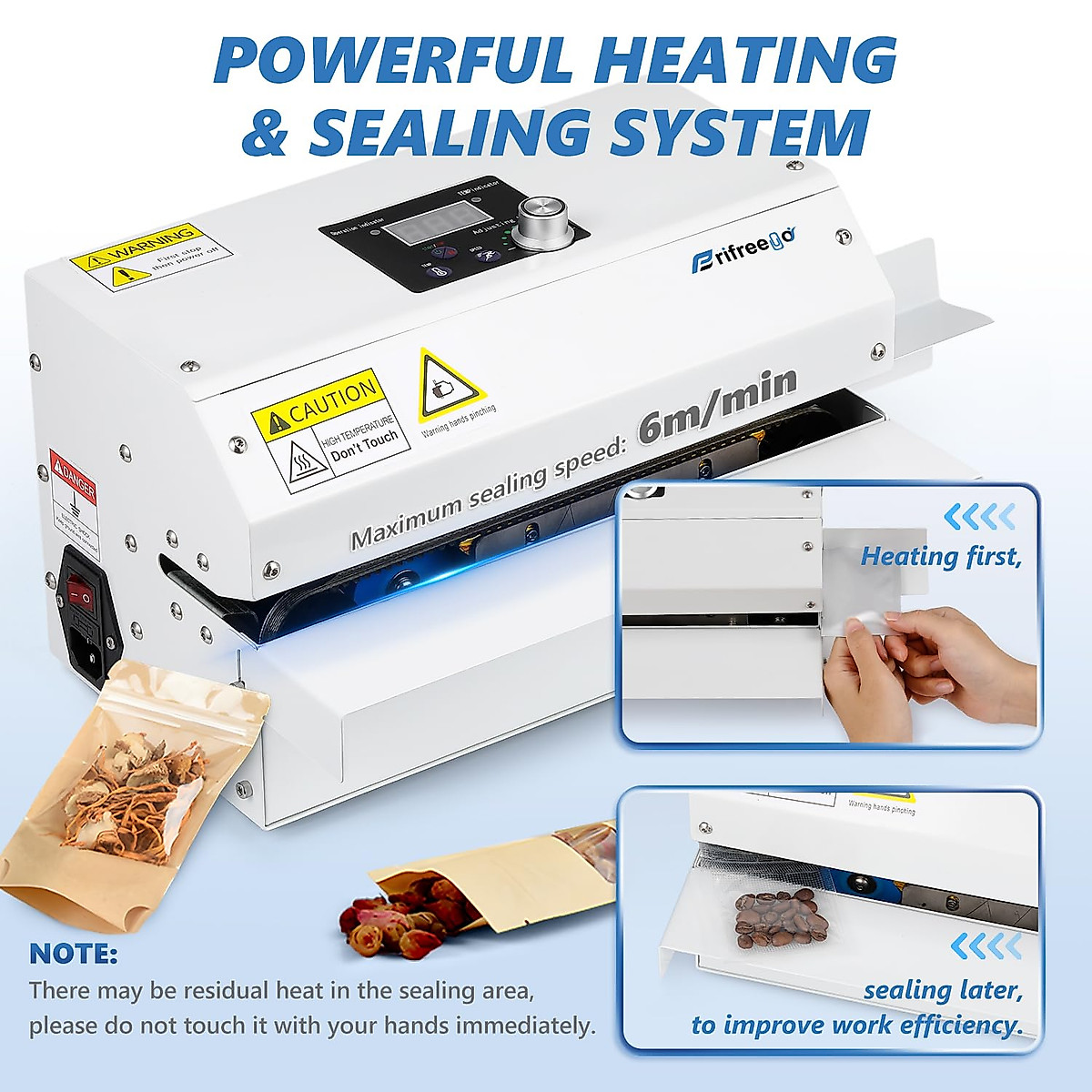 Frifreego Commercial Grade Heat Sealer Automatic Continuous Heat Bag Sealing Machine, Temp&Speed Adjustable, Heavy Duty Horizontal Bag Sealing Machine for Kinds of Plastic Packing Bags, Desktop White