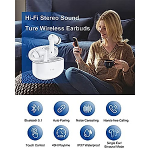 Wireless Earbuds Bluetooth Headphones with Charging Case,Noise Cancelling,Touch Control,40H Playtime with Built-in Microphone,Compatible with iPhone& Android,IPX7 Waterproof for Sport and Work (white)