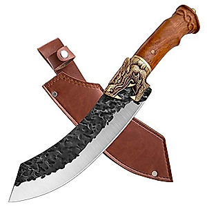 Butcher Knife Forged in Fire Knives Outdoor Camping Knife Curved Boning Knife with Sheath Filet Knife for Fishing Carbon Steel Meat Cleaver Knife for Kitchen BBQ Gift Collection