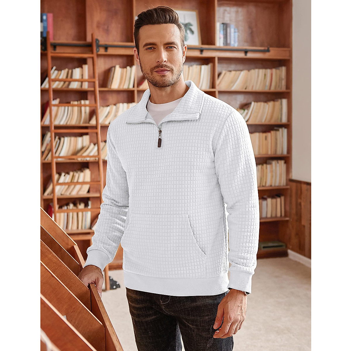 COOFANDY Men Quarter Zip Sweatshirt Long Sleeve Plaid Jacquard Pullover with Kangaroo Pokcet White
