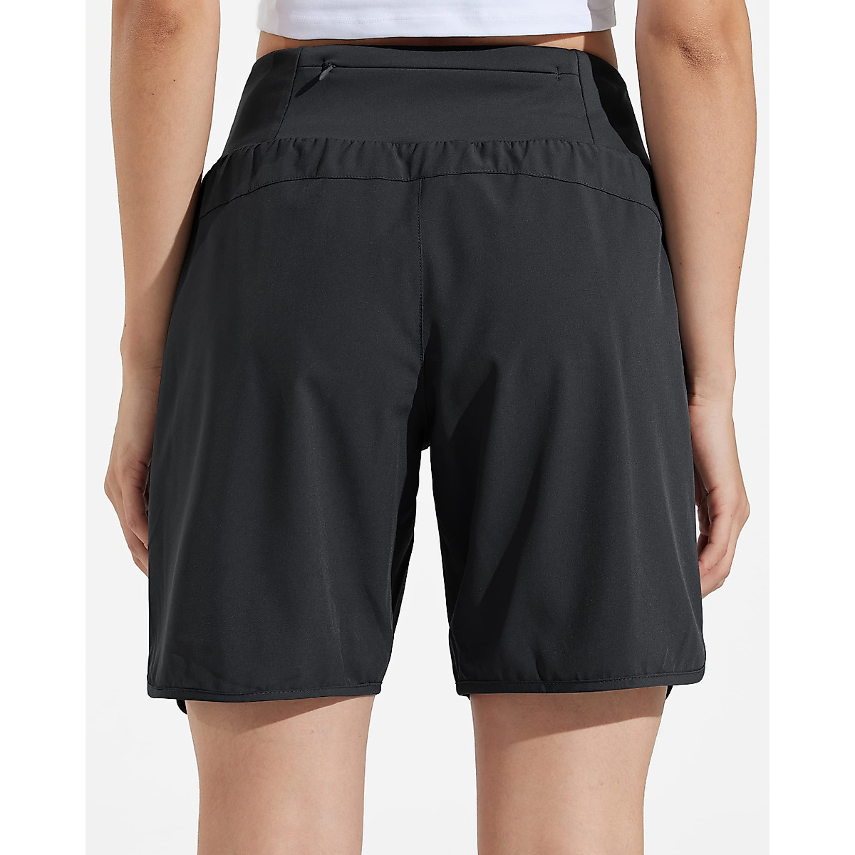 Libin Women's 7" Athletic Running Long Shorts with Liner High Waist Quick Dry Gym Workout Sports Shorts with Zipper Pockets, Black L