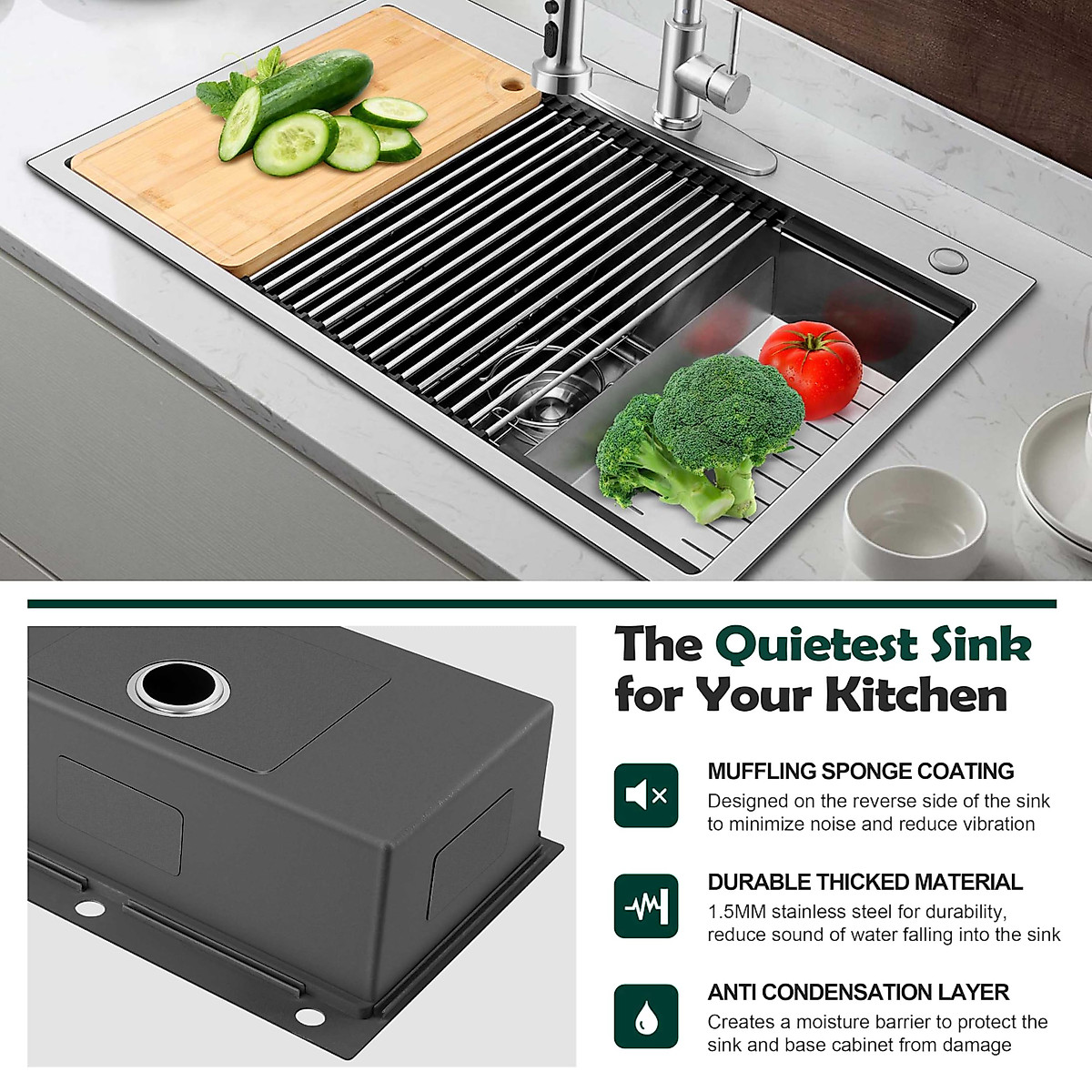 Homikit 33 x22 Inch Drop In Kitchen Sink, 16 Gauge Stainless Steel Topmount Single Bowl Kitchen Sinks with 2-Hole R10 Corner, 10" Deep Large Farmhouse Workstation Sink with Rinse Grid & Strainer Bags