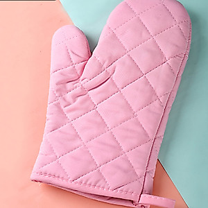 Kitchen Oven Mitts Heat Resistant Gloves Cotton Premium Non-Slip (Pink)