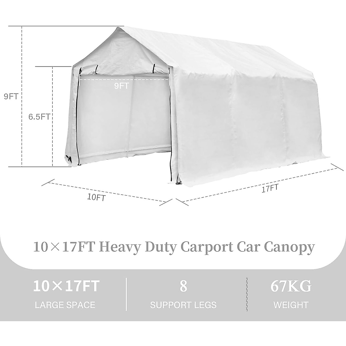 10'x 17'Heavy Duty Portable Carport Car Garages Shelters, 8 Steel Legs, White, Waterproof