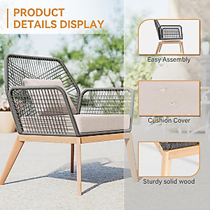 ASJMR 5-Piece Patio Furniture Set, Solid Wood Woven Rope Set Balcony Modern Outdoor Living Room All-Weather Set, Suitable for Backyard, Swimming Pool, Deck, Garden