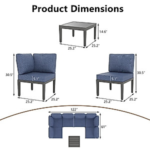 Kullavik Patio Furniture Set,7 Pieces Metal Modern Outdoor Furniture,Outdoor Sectional Sofa w/5.1" Cushions and Coffee Table for Patio,Backyard，Navy Blue