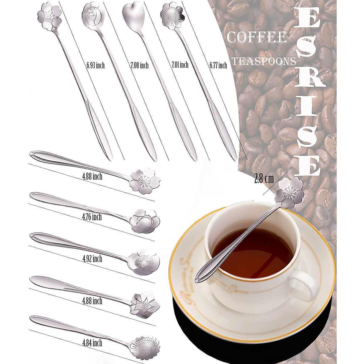 9 Pcs Flower Spoon Coffee Teaspoon Set, ESRISE Stainless Steel Tea Spoon essert Spoon, Cute Demitasse Scoop for Stirring Drink Mixing Milkshake Jam (Silver)