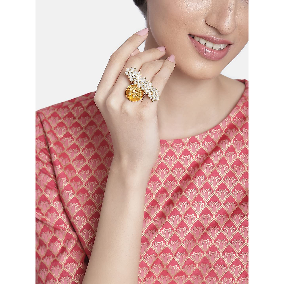 I Jewels Gold Plated Indian Wedding Bollywood Ethnic Adjustable Brass Finger Ring Embellished With ghungroo and pearl (FL224)