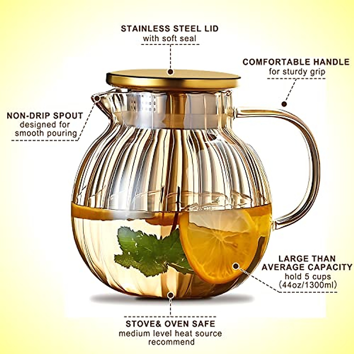 Saeifin Glass Teapot Stovetop Safe, Glass Tea Kettle 44oz/1300ml with Lid Perfect for Microwave Use, Handcrafted with Durable Borosilicate Glass and Stainless Steel Infuser, Ideal for Loose Leaf Tea
