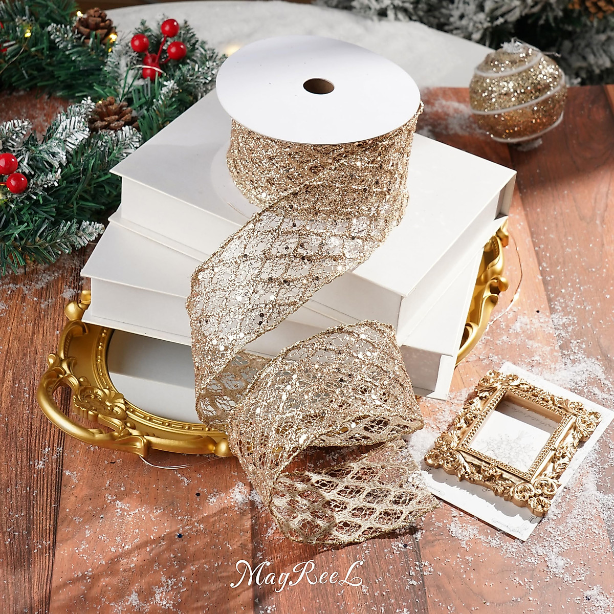 MAYREEL 2.5 Inch Champagne Wired Ribbon Glitter Pale Gold for Christmas Decorations Gift Wrapping Wreath Supplies Tree Toppers 10 Yards