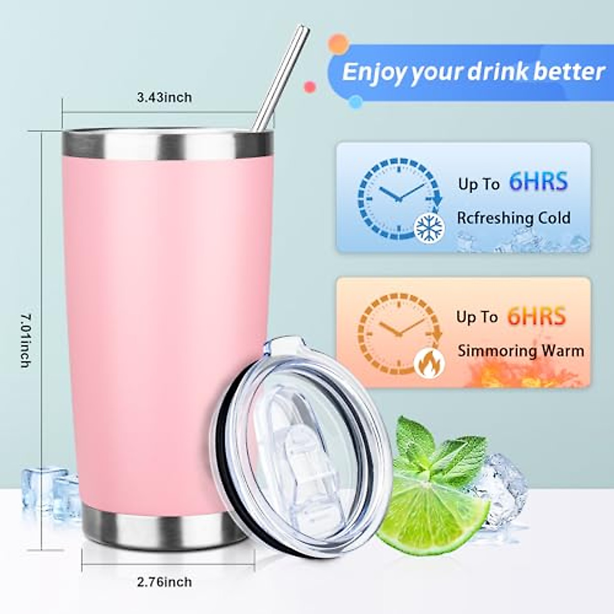 20oz Tumbler with Straw and Brush, Stainless Steel Vacuum Insulated tumbler, Double Wall Insulated Coffee Tumbler for Outdoor, Home, Travel,Office (Light pink,1pcs)