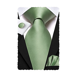 Hi-Tie Men Ties Sets Silk Stripe Paisley Necktie Pocket Square Cufflinks for Business Wedding,Sage Green