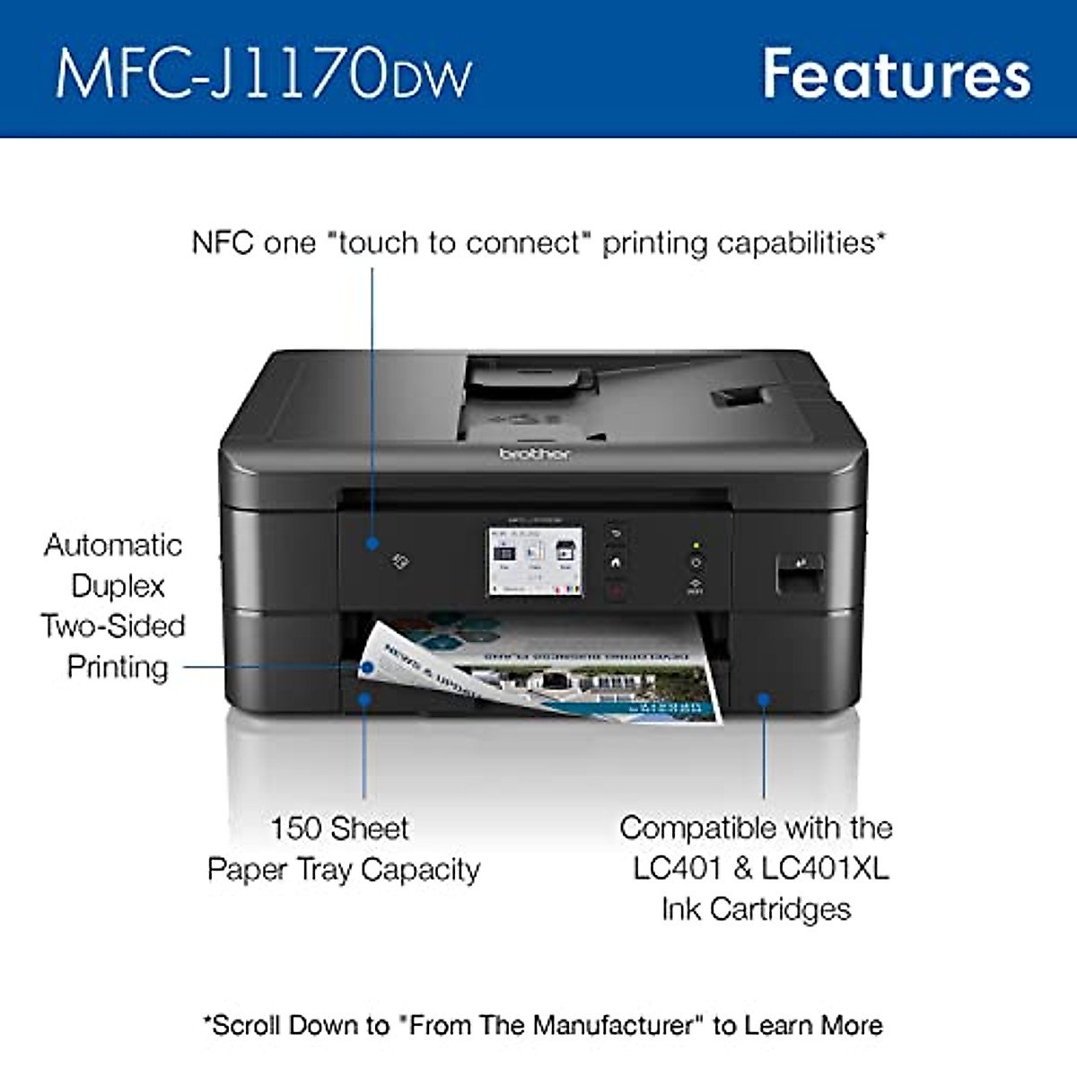 Brother MFC-J1170DW Wireless Color Inkjet All-in-One Printer with Mobile Device Printing, NFC, Cloud Printing & Scanning, Refresh Subscription and Amazon Dash Replenishment Ready