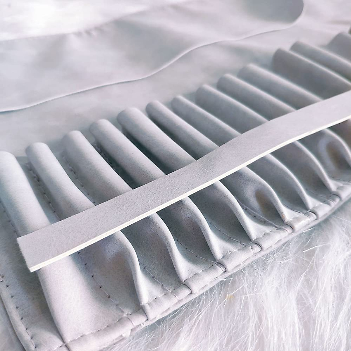 JAMEND CLXP 14 Pockets Makeup Brush Travel Rolling Case Gray Waterproof Cosmetic Travel Bag Brushes Pouch Holder, Premium Leather Brush Organizer with Belt Strap for Women Girls, NO BRUSHES.