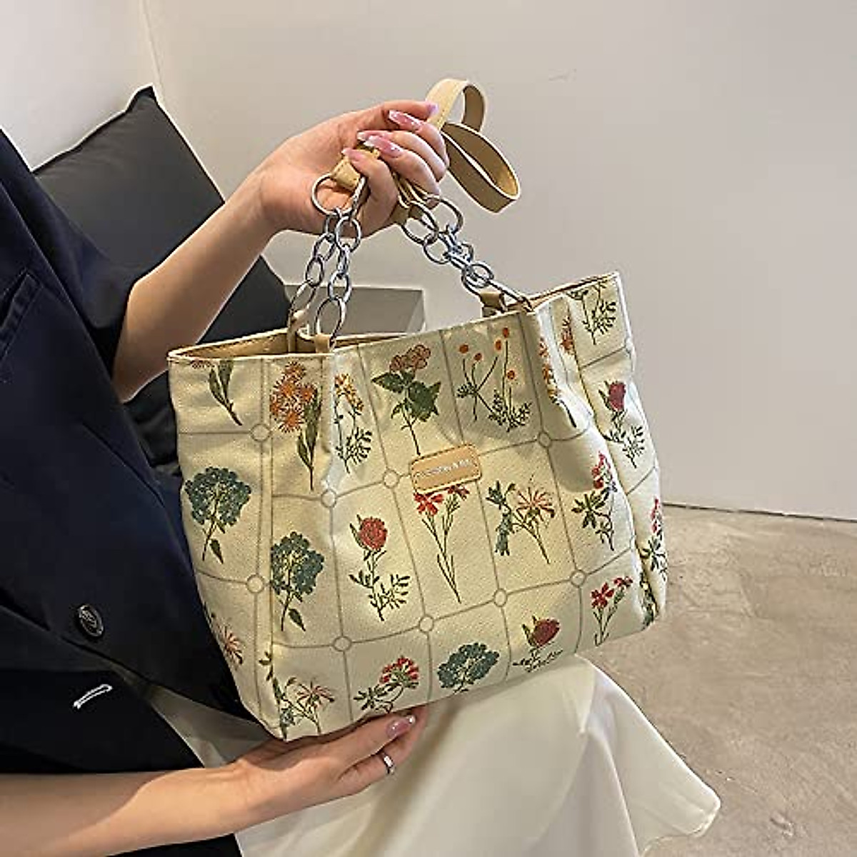 Botanical Tote Bag for Women Leather and Canvas Splicing Tote Bag Cottagecore Aesthetic Tote Bag Flowers Plants (Beige)