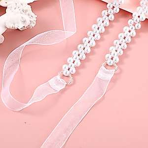 Amaxiu Women Skinny Pearls Belts, Bridal Wedding Waist Belt Bridesmaid Waistband Adjustable White Ribbon Belt for Dress