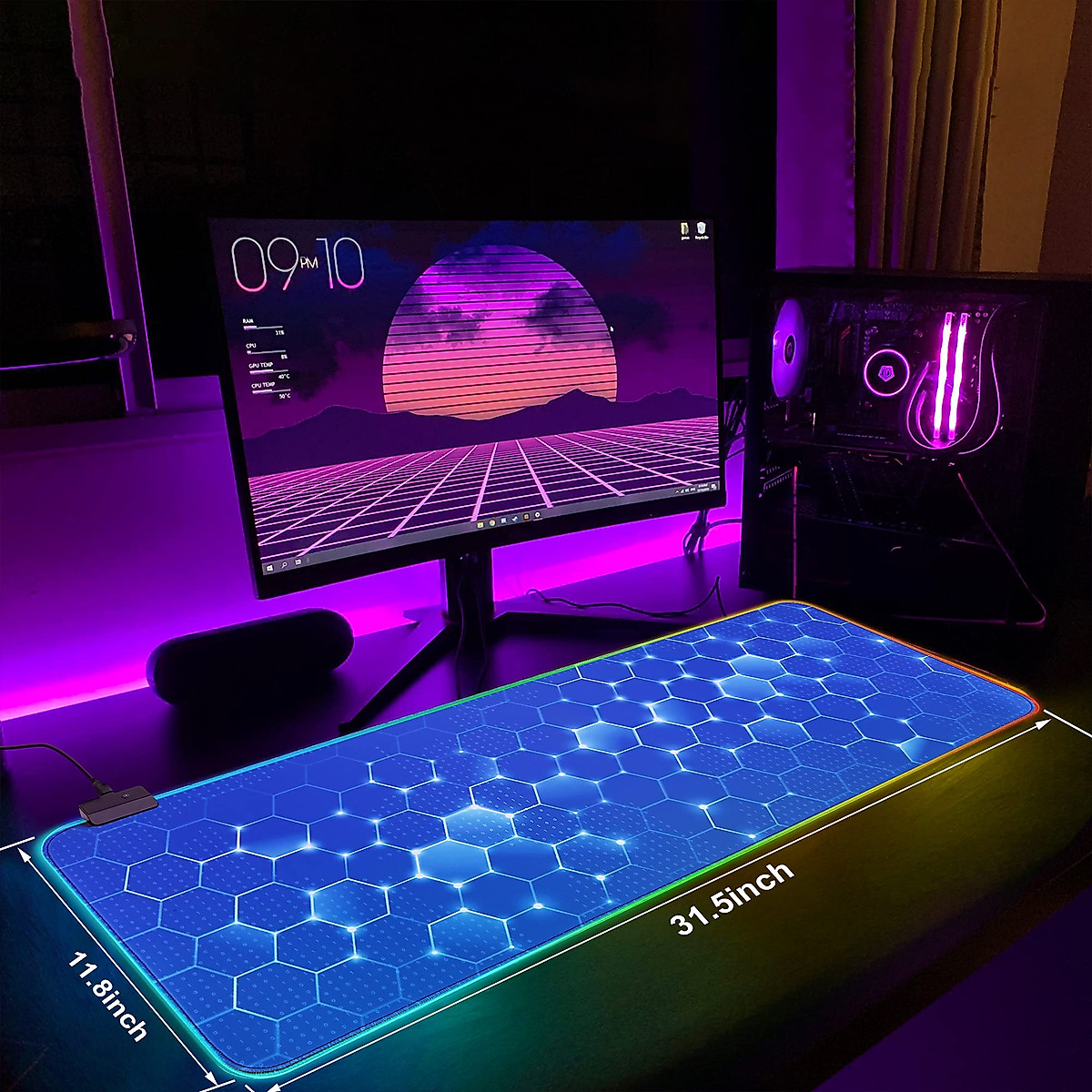 SIMEEGO RGB Gaming Mouse Pad, Led Mouse Pad with 14 Lighting Mods Large Sized Soft mousepad, Waterproof, Low Friction Hard Surface Keyboard Mouse Mat for Gaming and Work -31.5×11.8 (Honeycomb Hexagon)